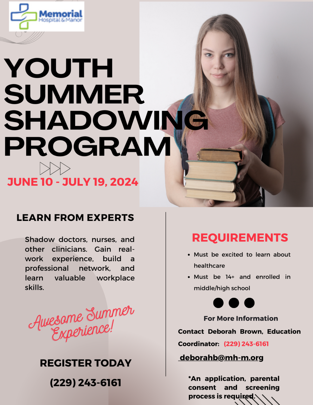 2024 Youth Summer Shadowing Program Flyer (8) | Memorial Hospital & Manor