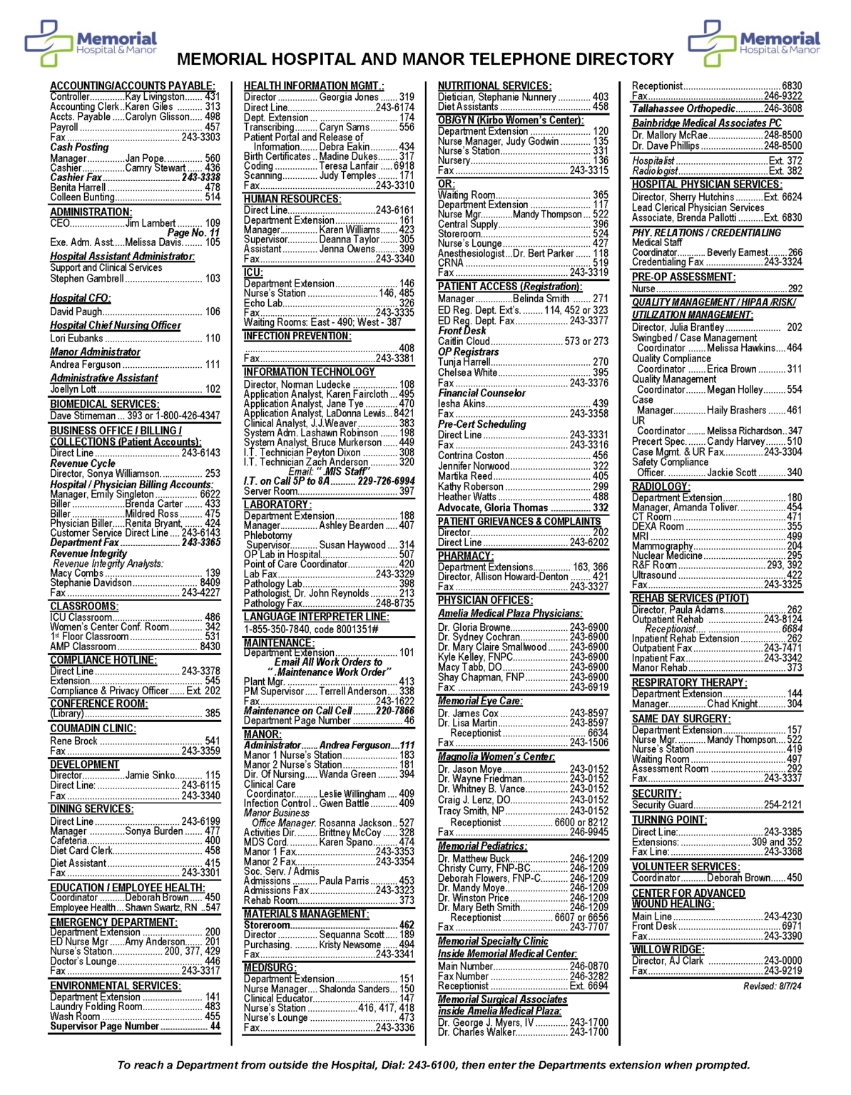 MHM Directory | Memorial Hospital & Manor