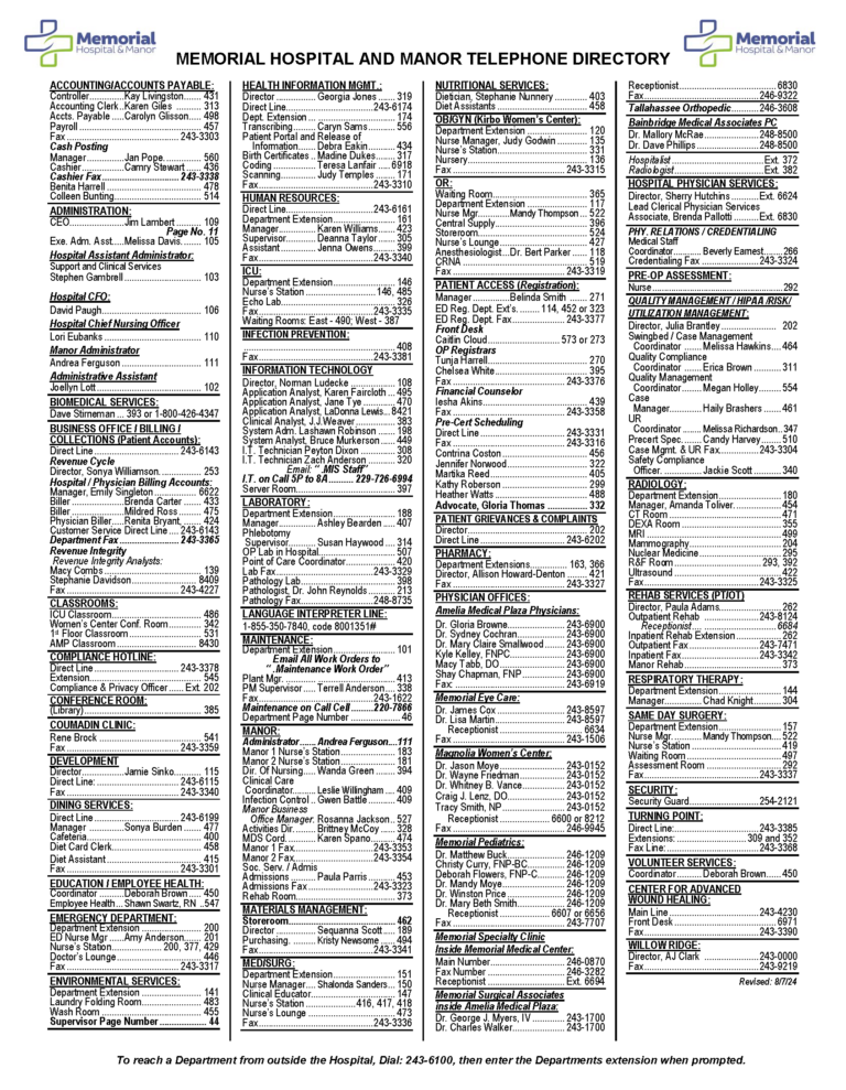 MHM Directory | Memorial Hospital & Manor